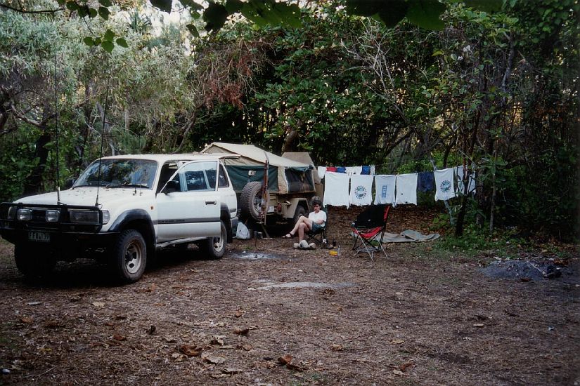 1996-Cape York Peninsula/04-Heidi relaxes at our Chilli Beach campsite